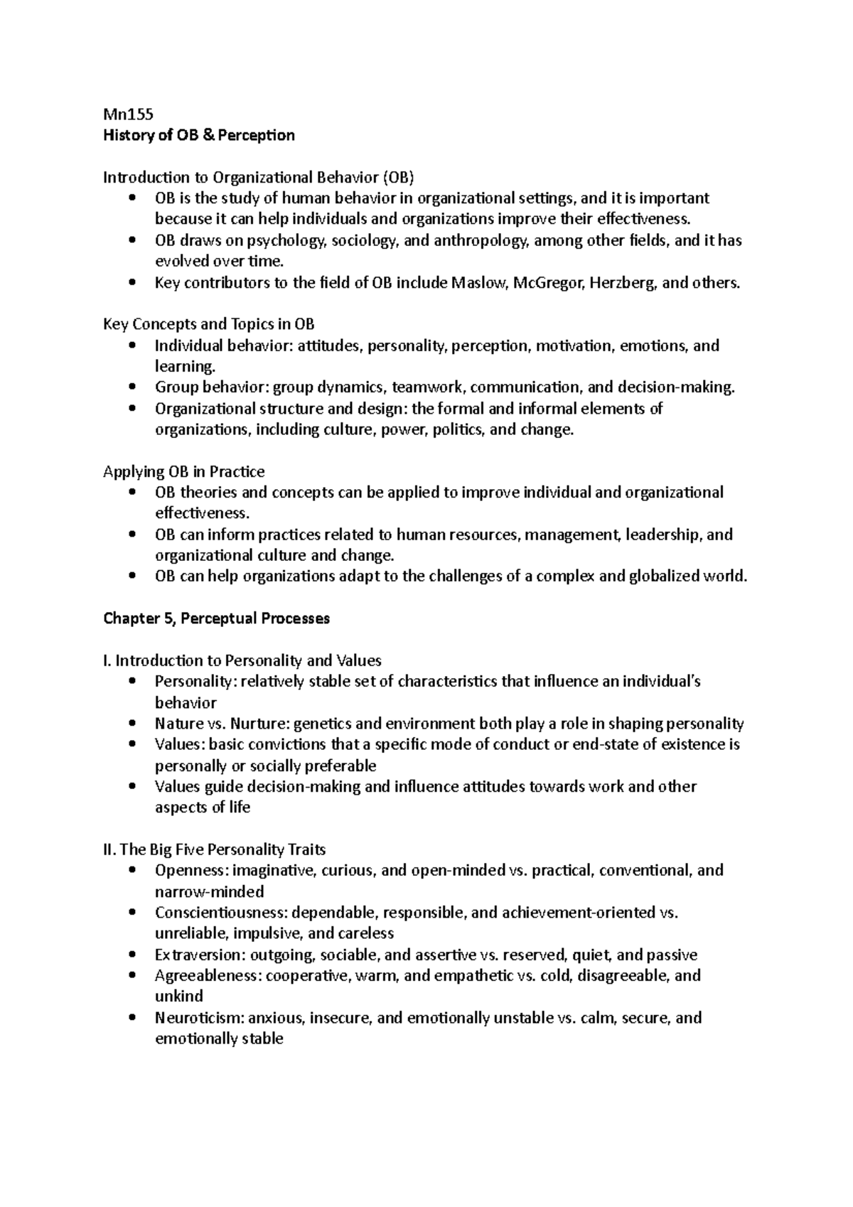 Mn155 notes - Mn History of OB & Perception Introduction to ...