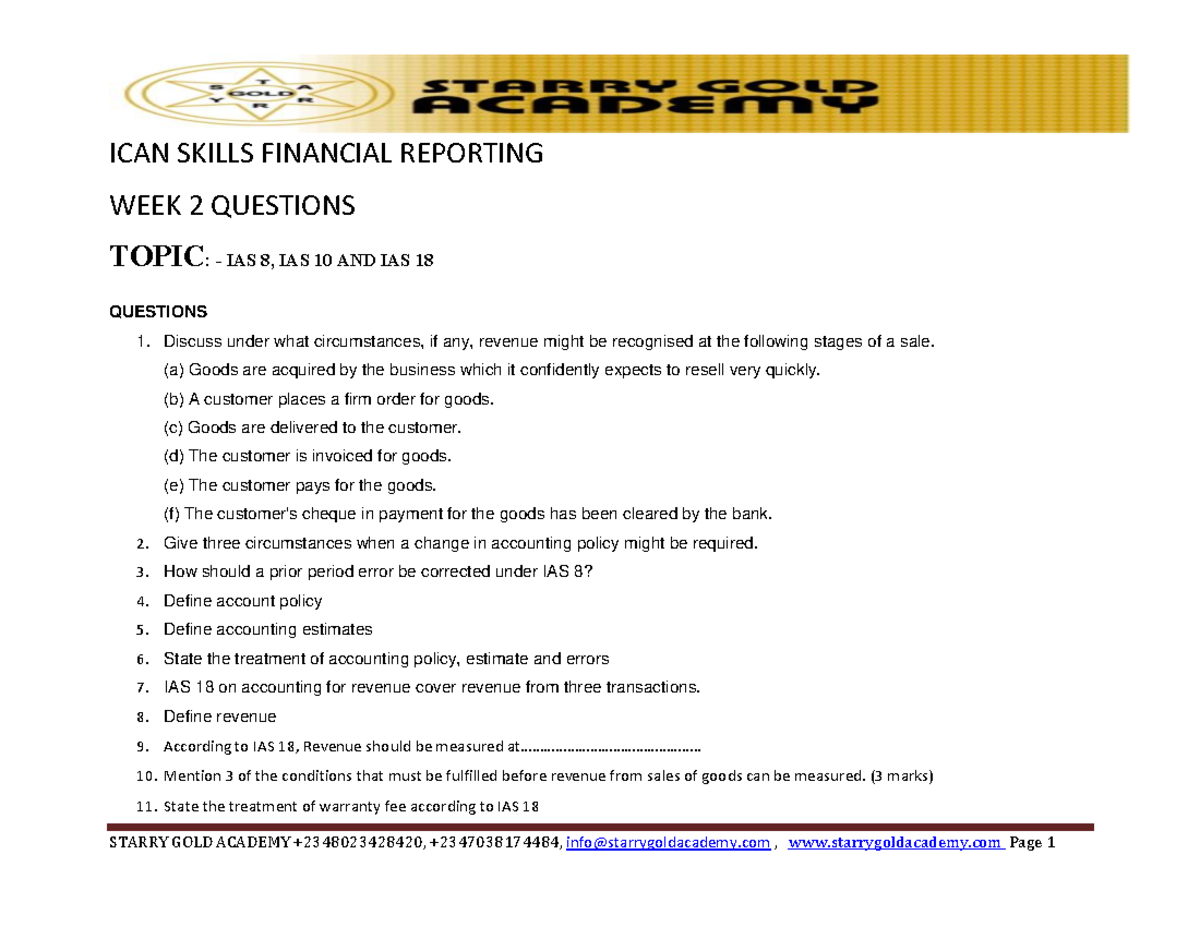 Frweek 2qa - Financial reporting practice questions - STARRY GOLD ...