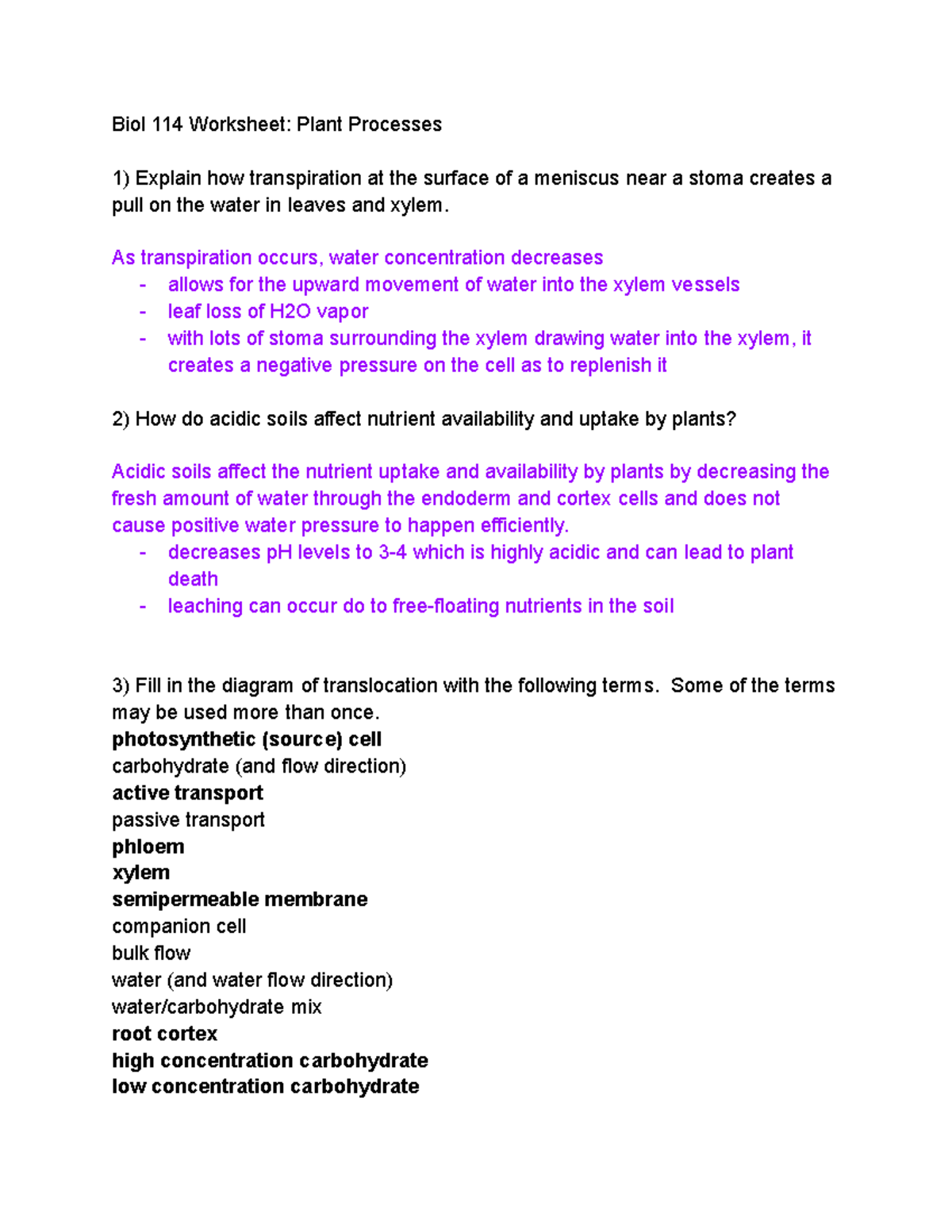 Plant Processes in class assignment - Biol 114 Worksheet: Plant ...