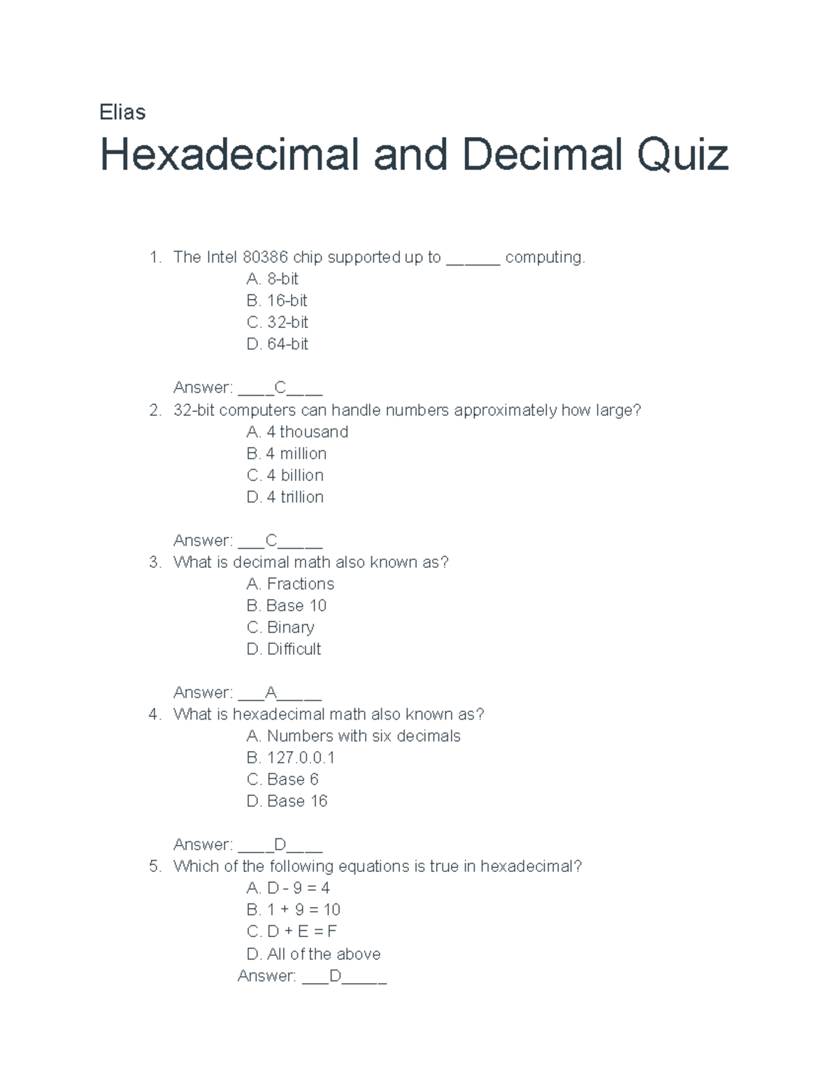 Hexadecimal and Decimal Quiz - Elias Hexadecimal and Decimal Quiz 1 ...