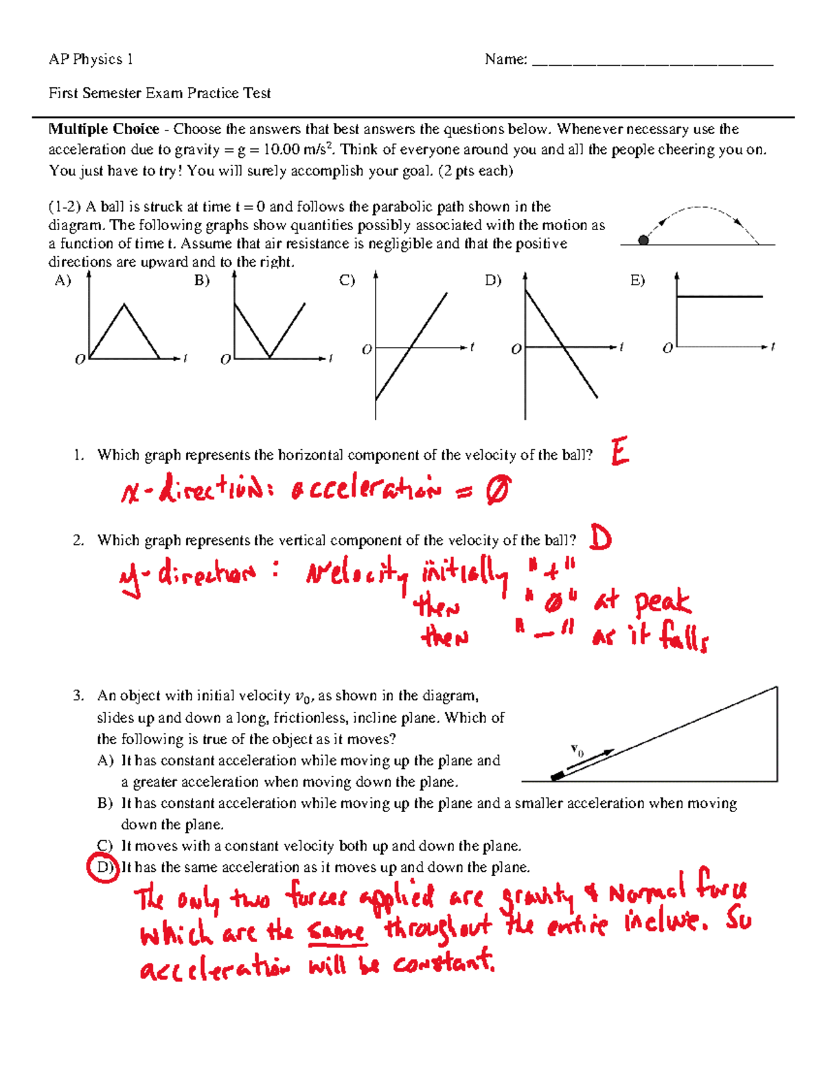 Answers AP Physics 1 Mid Term Practice Test - AP Physics 1 Name