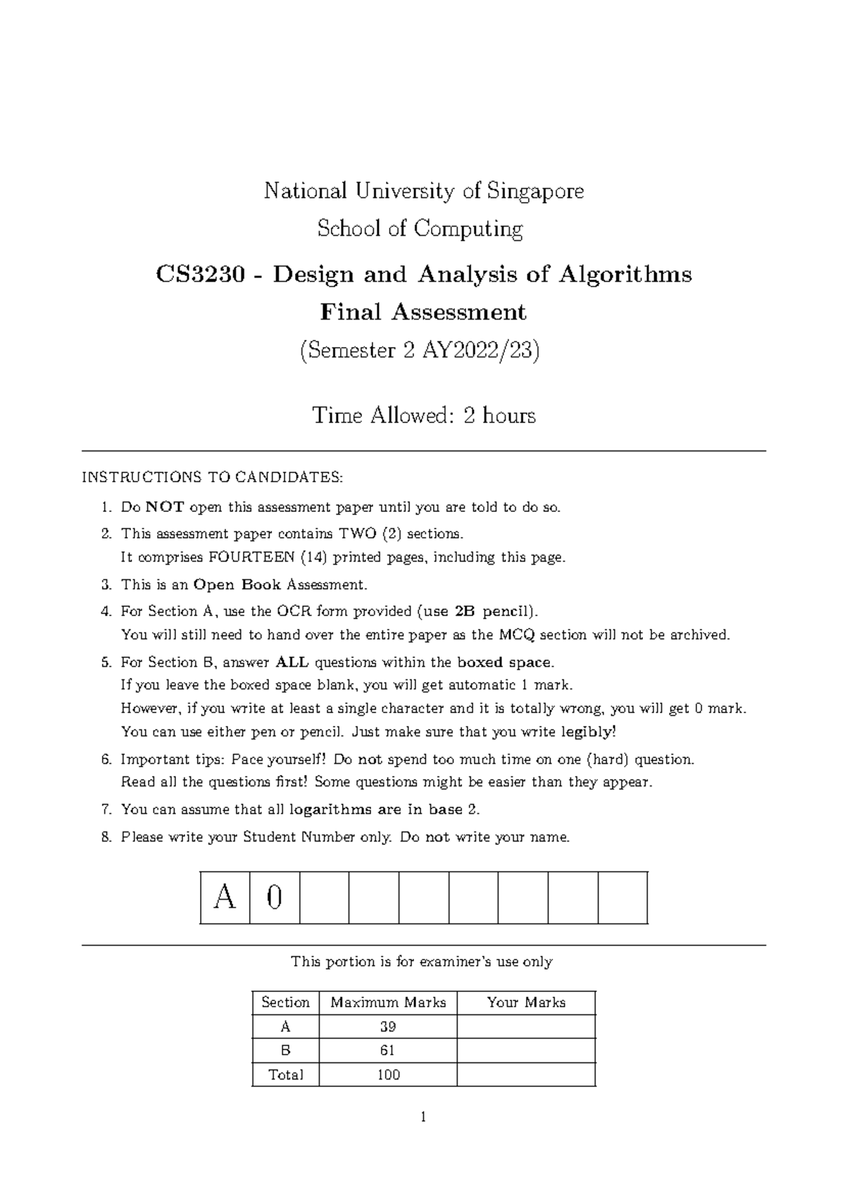 Practice Paper - AY22/23 Semester 2 Final Solutions - National ...