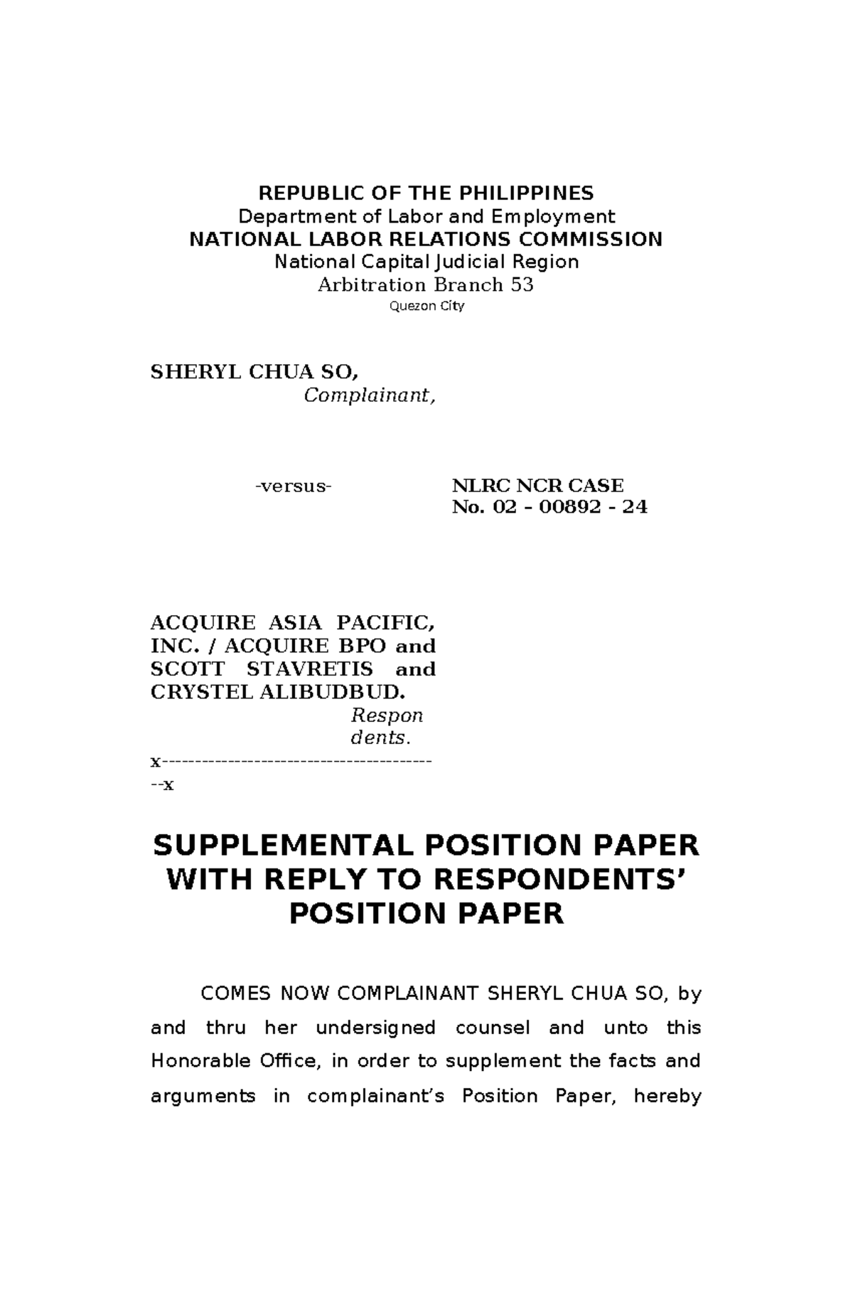 Supplemental Position Paper (Sheryl So) - REPUBLIC OF THE PHILIPPINES ...