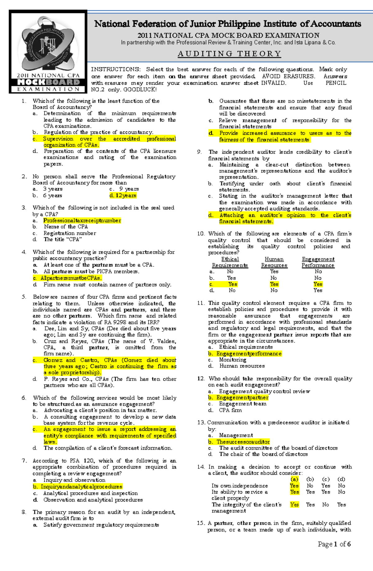 Aud theory mock board - 2011 NATIONAL CPA MOCK BOARD EXAMINATION In ...