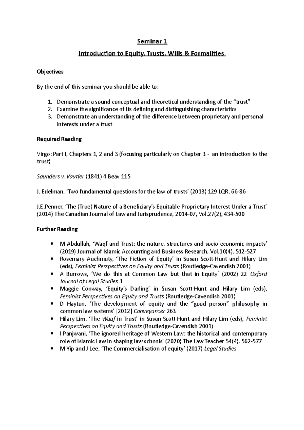 Seminar 1 - Introduction to Equity and Trusts 2023 - Seminar 1 ...