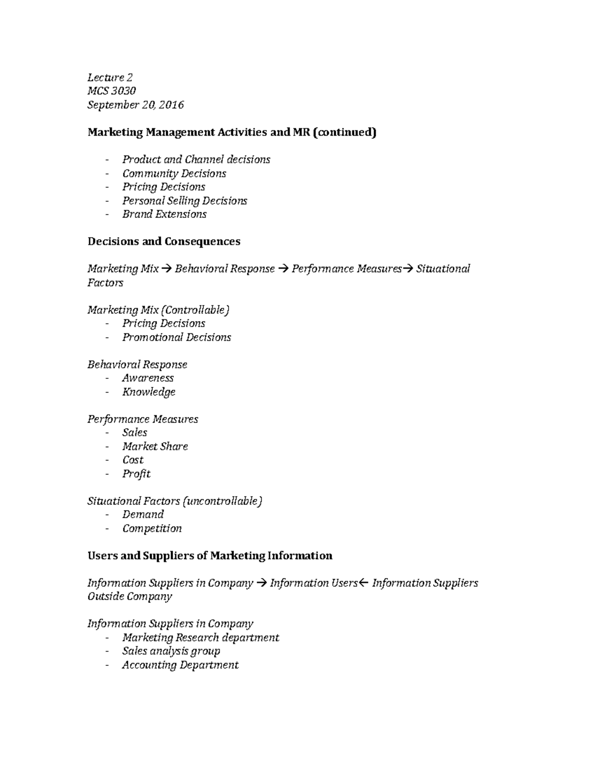 MCS 3030 - Lecture 2 - Notes - Lecture 2 MCS 3030 September 20, 2016 ...