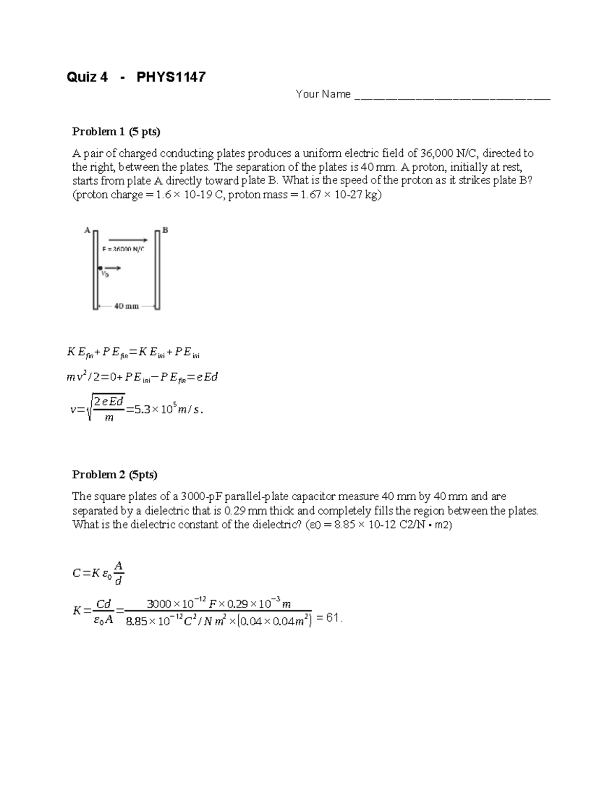 Q4 solutions - Answer key to physics 2 quiz week 4 - Quiz 4 - PHYS Your ...