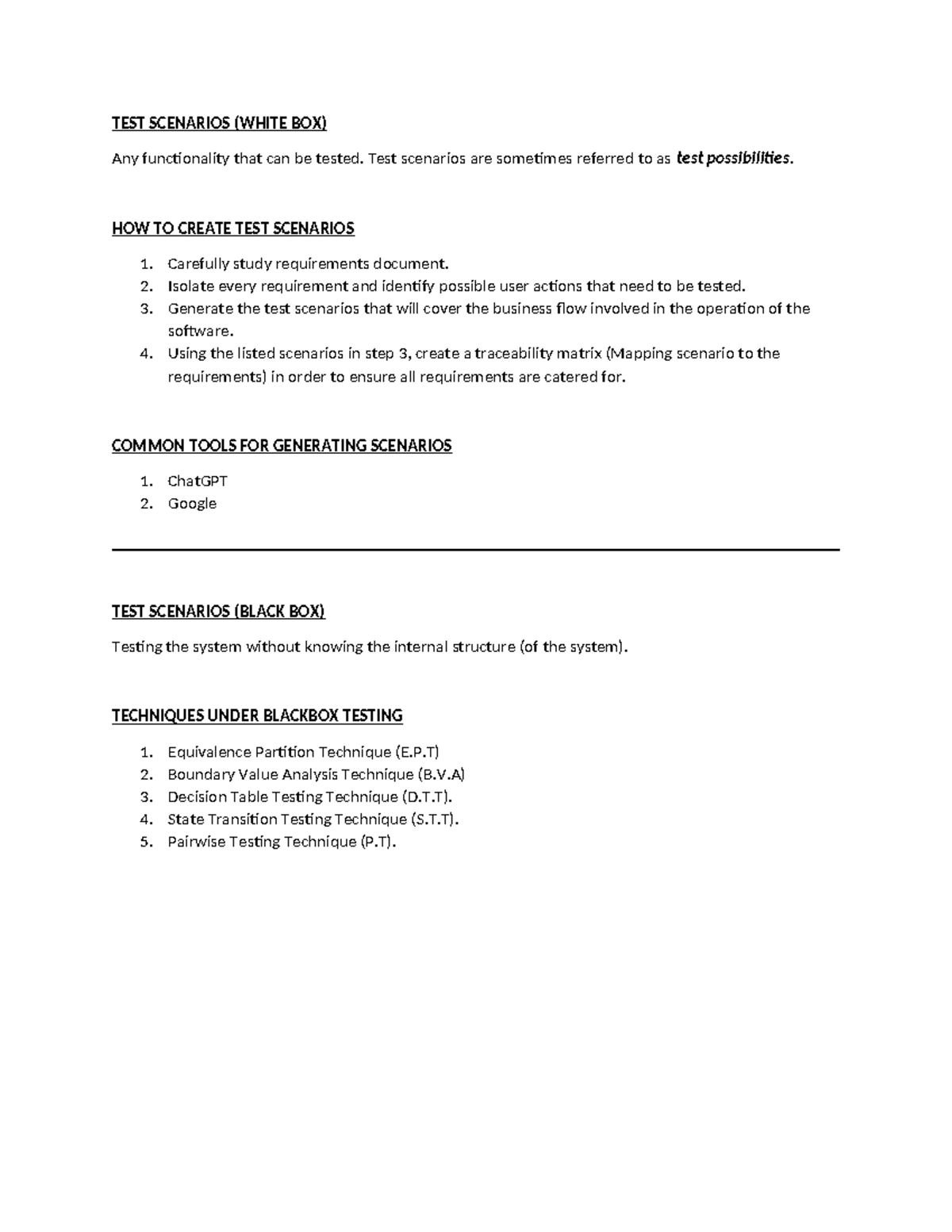 TEST Scenarios - TEST SCENARIOS (WHITE BOX) Any functionality that can ...