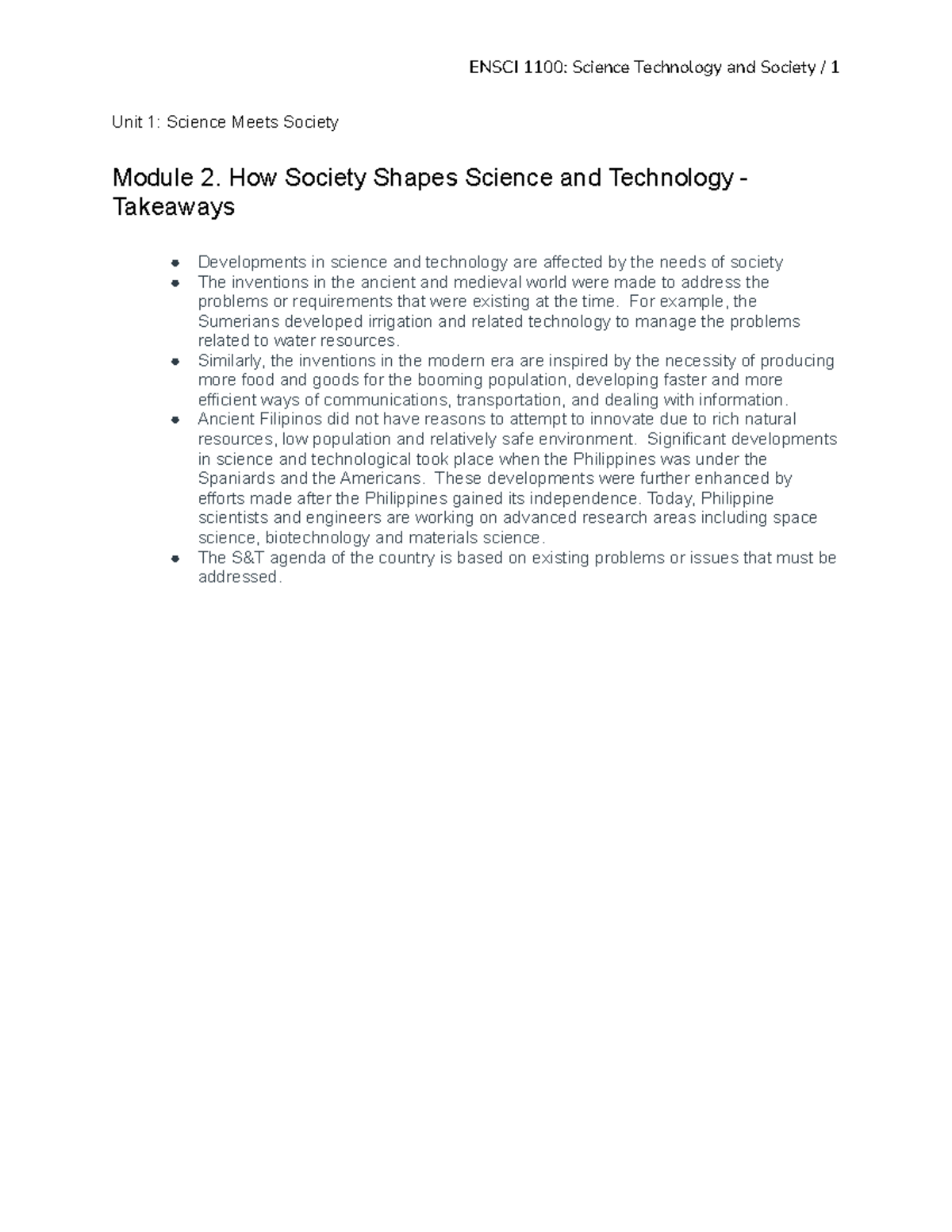 Unit 1- Science Meets Society - ENSCI 1100: Science Technology and ...