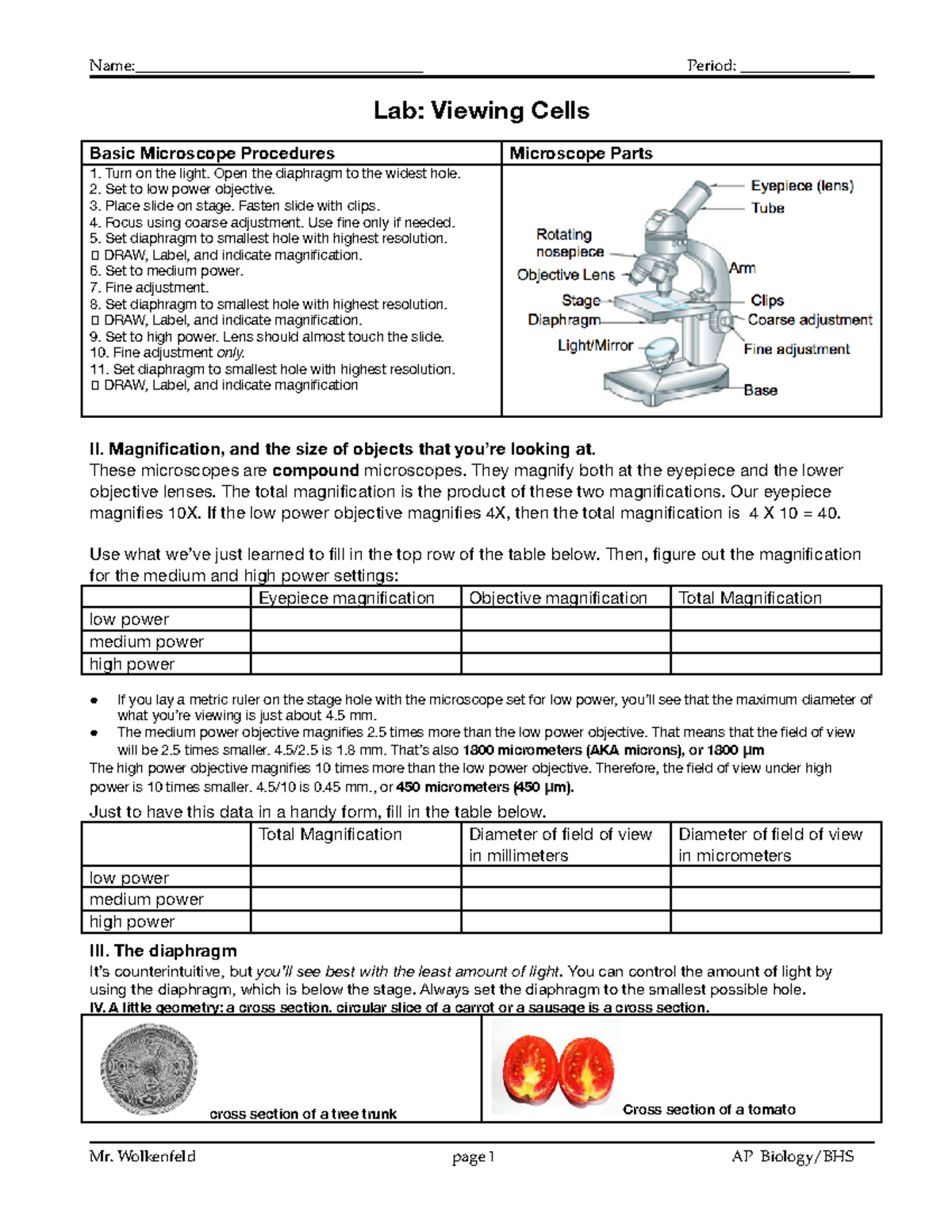 01 microscopes, viewing cells lab - Name:_____________________________________ Period: - Studocu