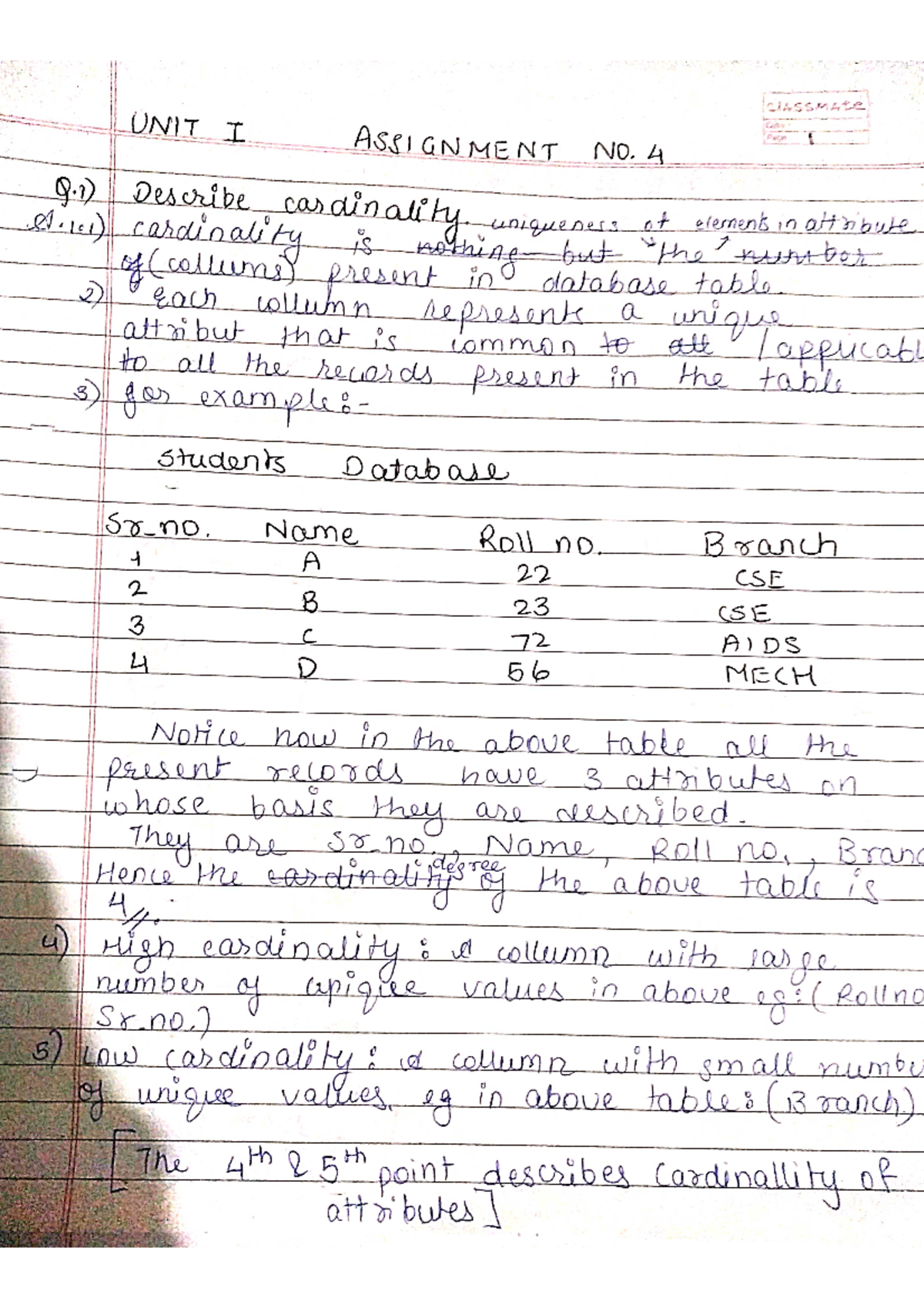 DBMS assignment 4 - not that accurate but provided by a gate qualified sir - CLASSMATE UNIT I ...