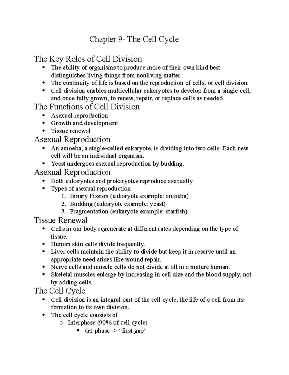 Chapter 9- Bio Notes - Chapter 9- The Cell Cycle The Key Roles of Cell ...