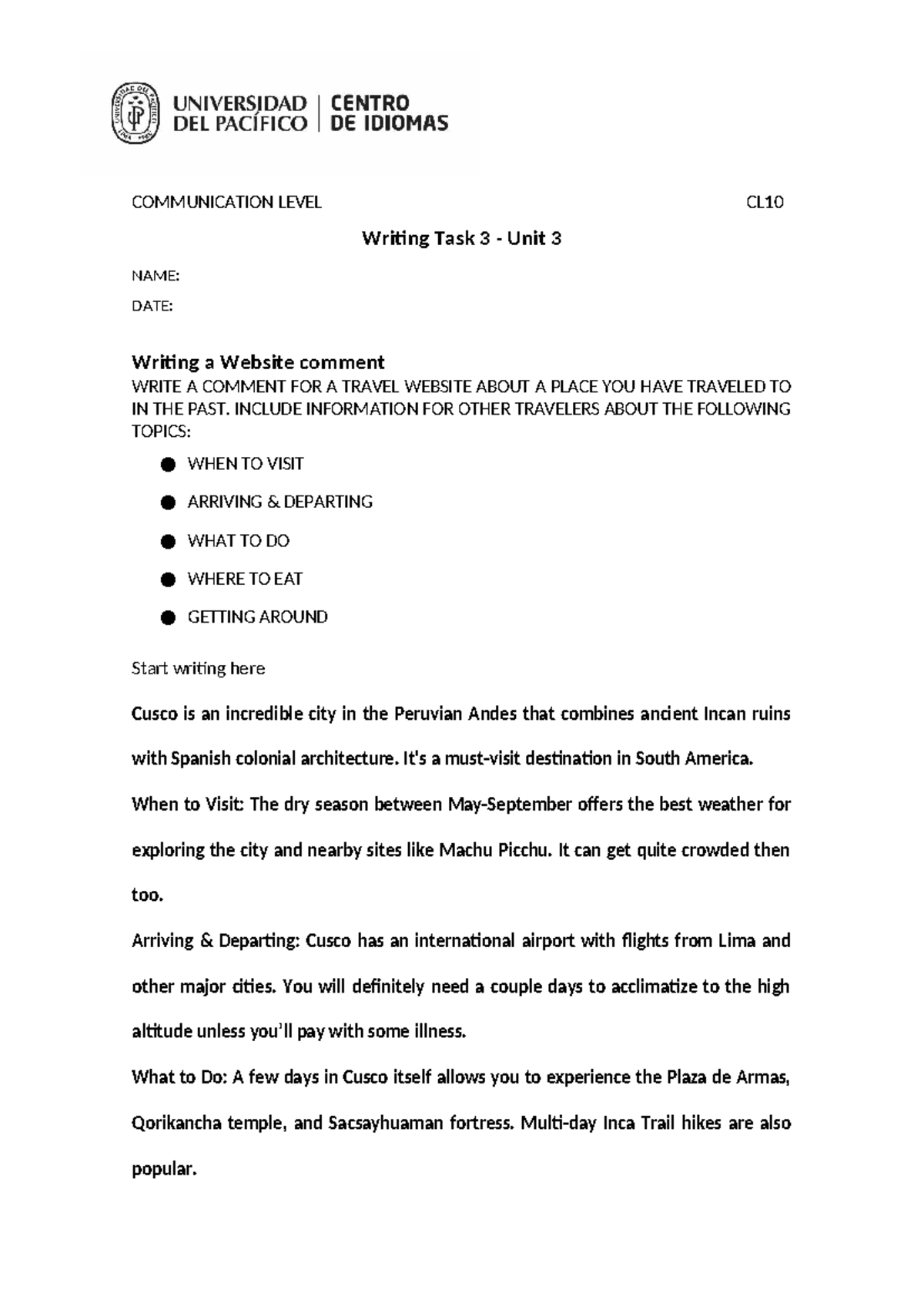 CL10 - Writing Task 3 - U3 v.1 - COMMUNICATION LEVEL CL Writing Task 3 ...