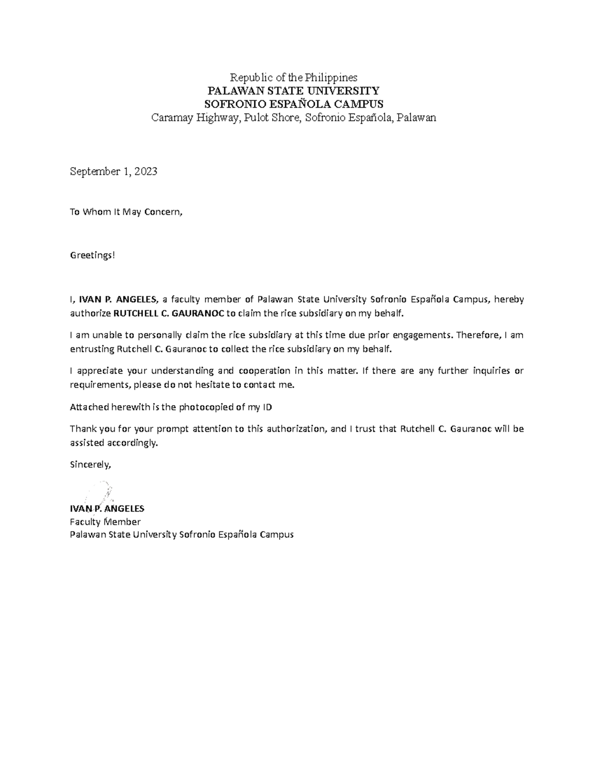 Authorization Letter FOR RICE - Republic of the Philippines PALAWAN ...