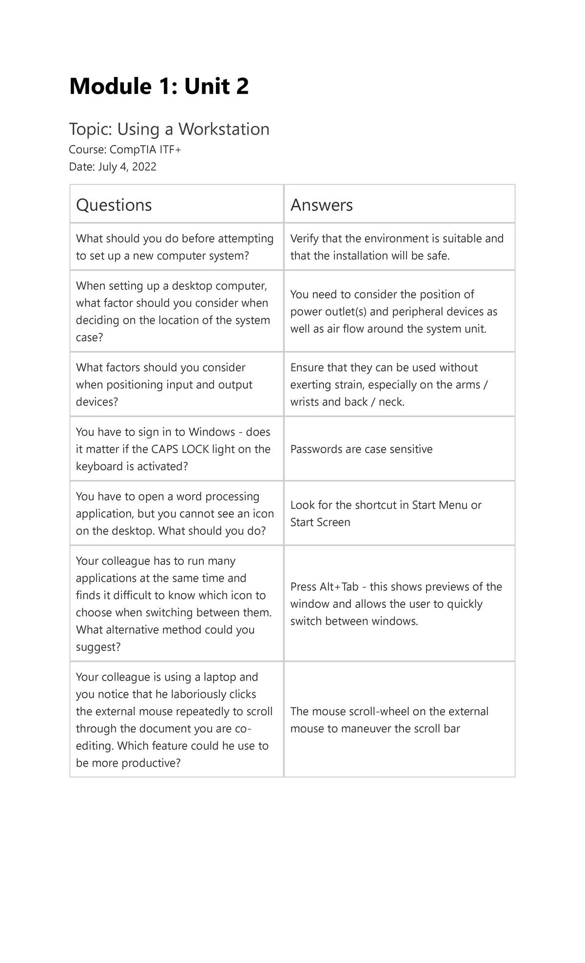 Module 1 Unit 2 - Using a Workstation - Module 1: Unit 2 Topic: Using a ...