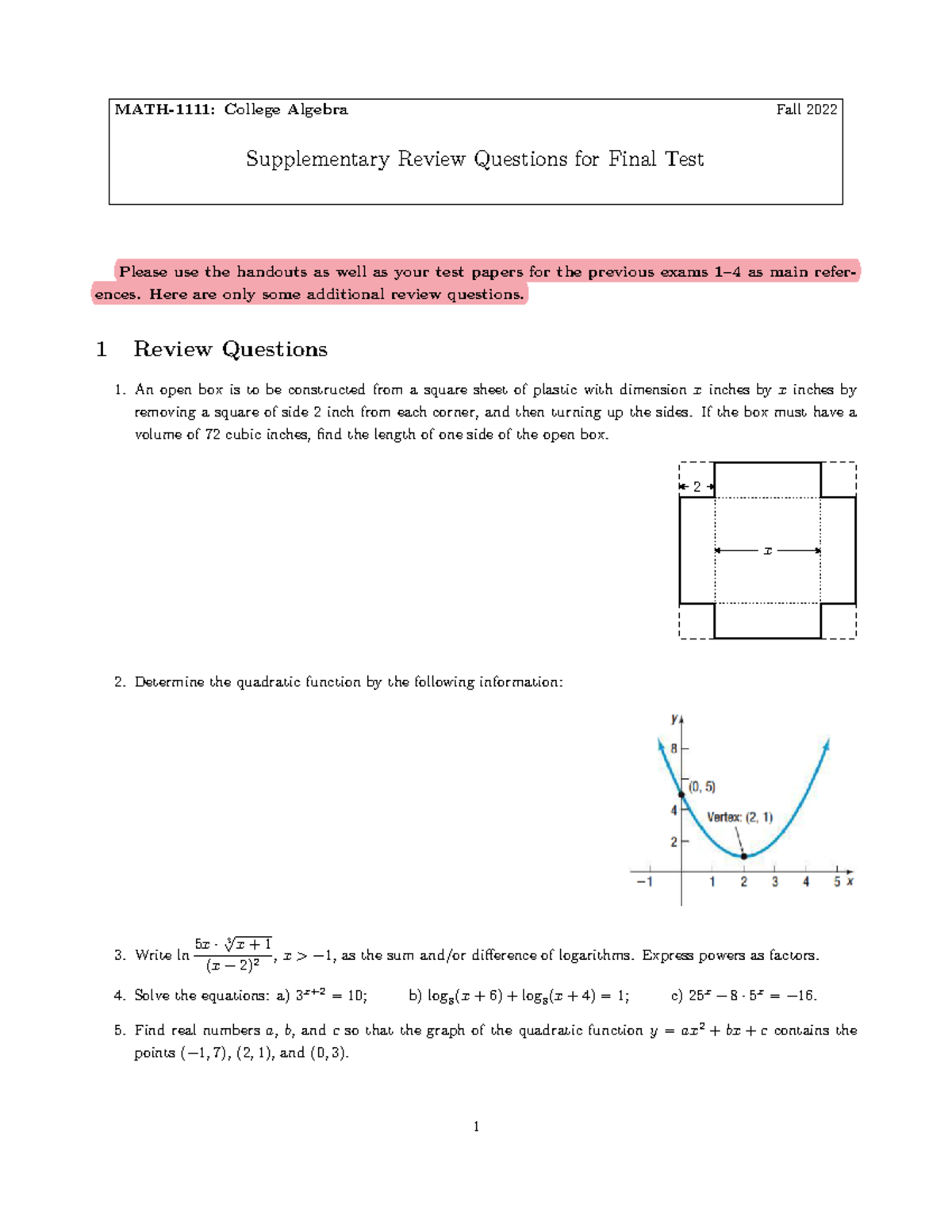 Final-review - Final exam review - MATH-1111: College Algebra Fall 2022 ...