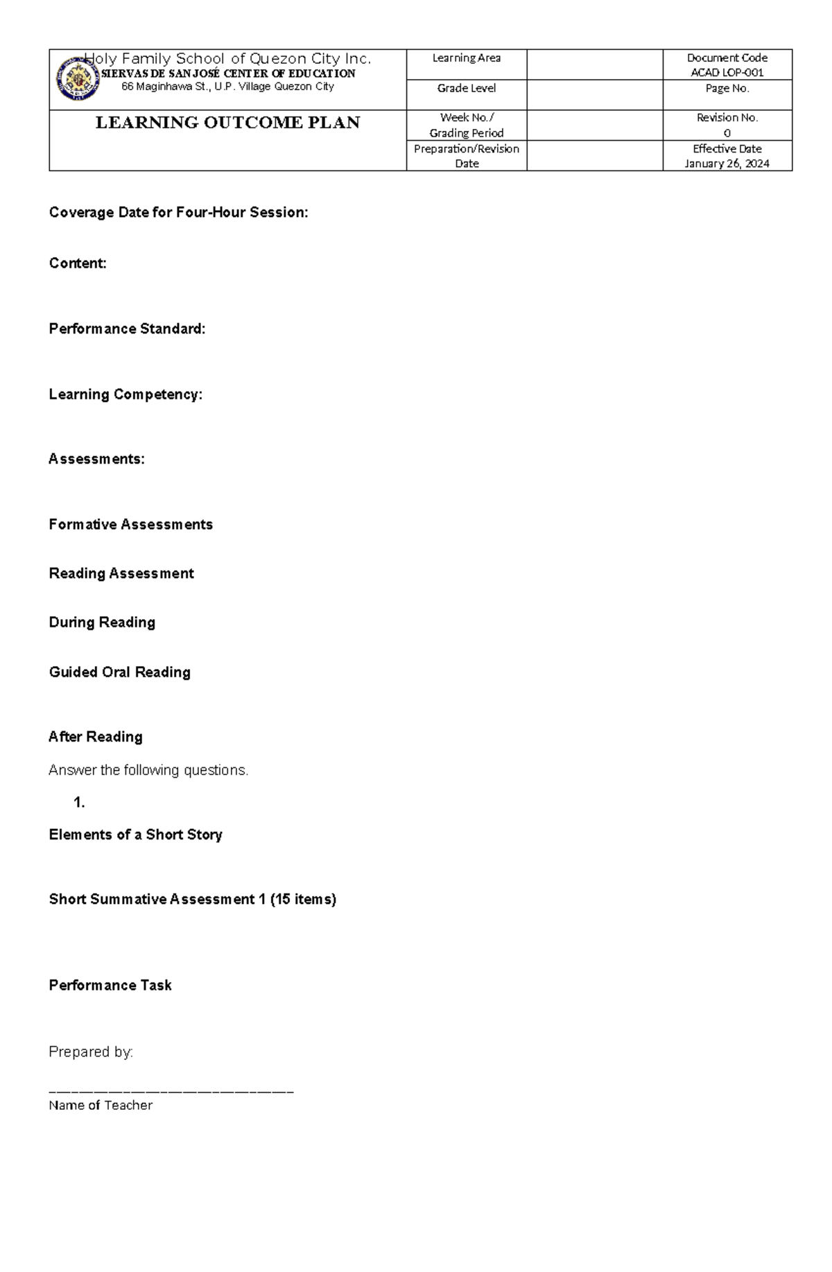 LOP Sample Template - Holy Family School of Quezon City Inc. SIERVAS DE ...