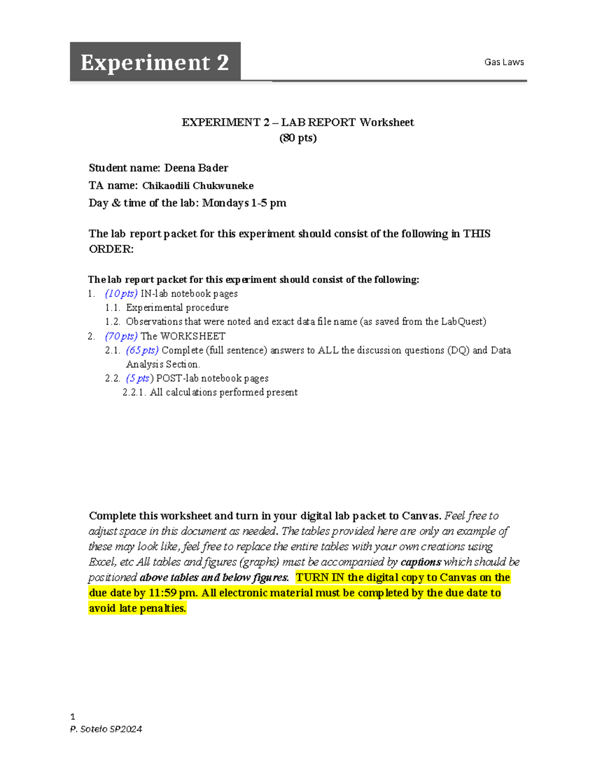 E2 gas laws worksheet SP2024 - Experiment 2 Gas Laws EXPERIMENT 2 – LAB ...