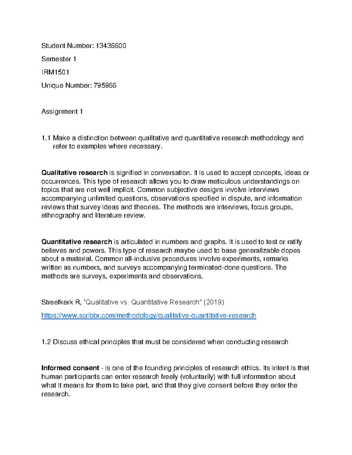 IRM1501 1st A - Assignment - Student Number: 13436600 Semester 1 IRM Unique Number: 795966 - Studocu