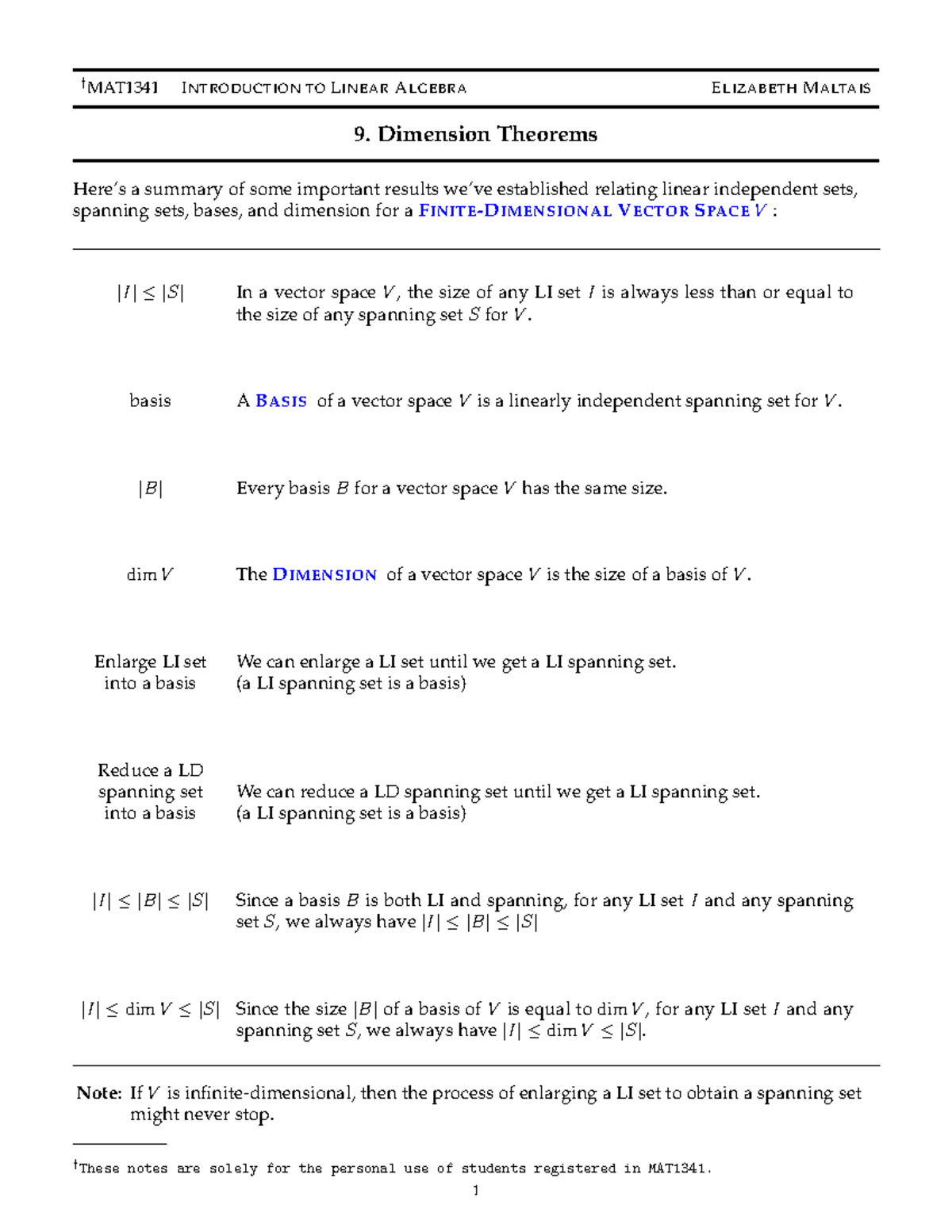 Dimension Theorems - Lessons - † MAT1341 I NTRODUCTION TO L INEAR A LGEBRA E LIZABETH M ALTAIS 9 ...