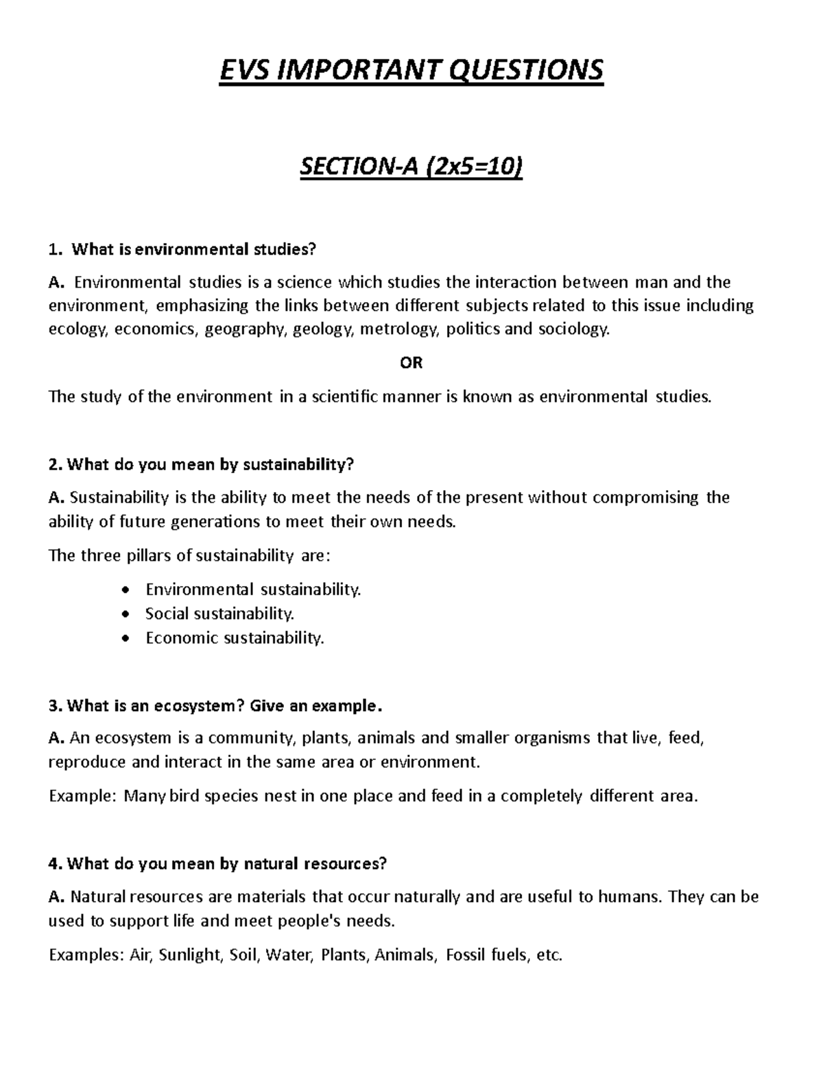 EVS Important questions - EVS IMPORTANT QUESTIONS SECTION-A ( 2 x5=10 ...