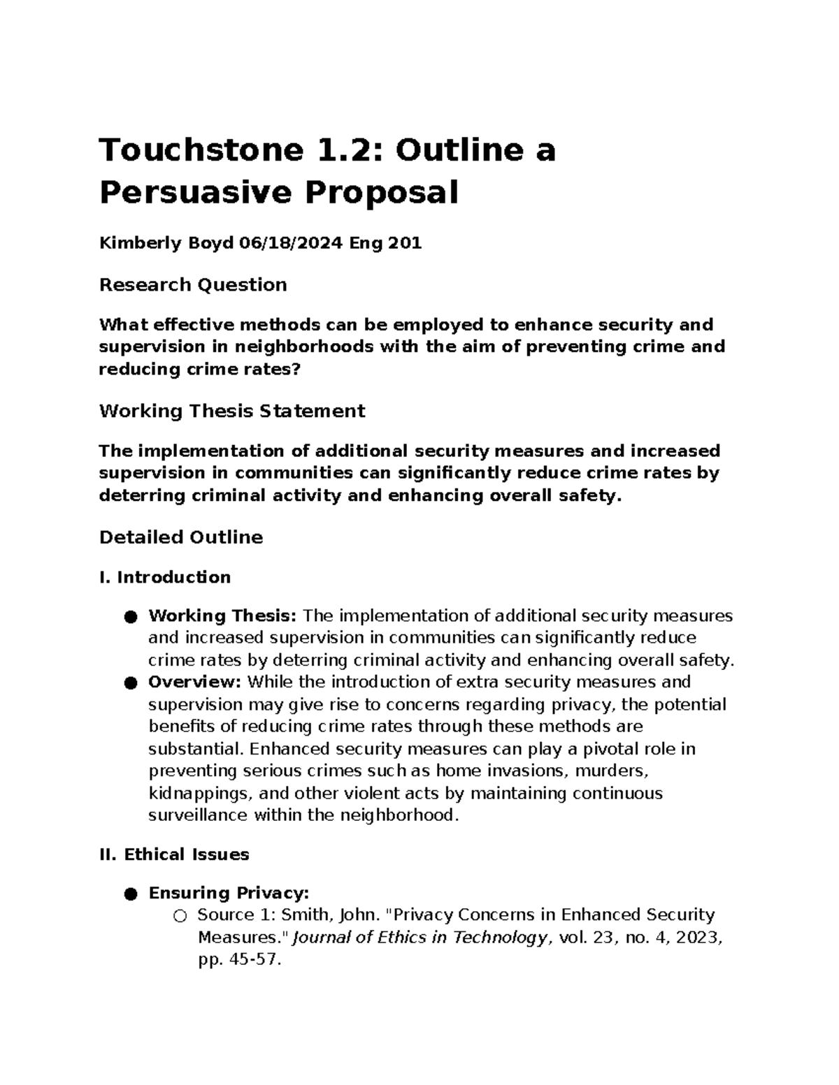 Touchstone 1 - aertrsegs - Touchstone 1: Outline a Persuasive Proposal Kimberly Boyd 06/18/2024 ...