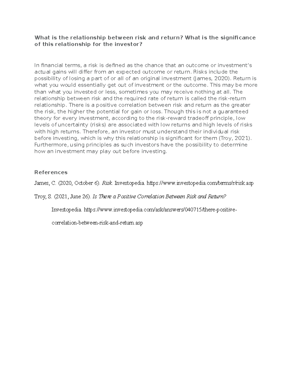 Learning journal - What is the relationship between risk and return ...