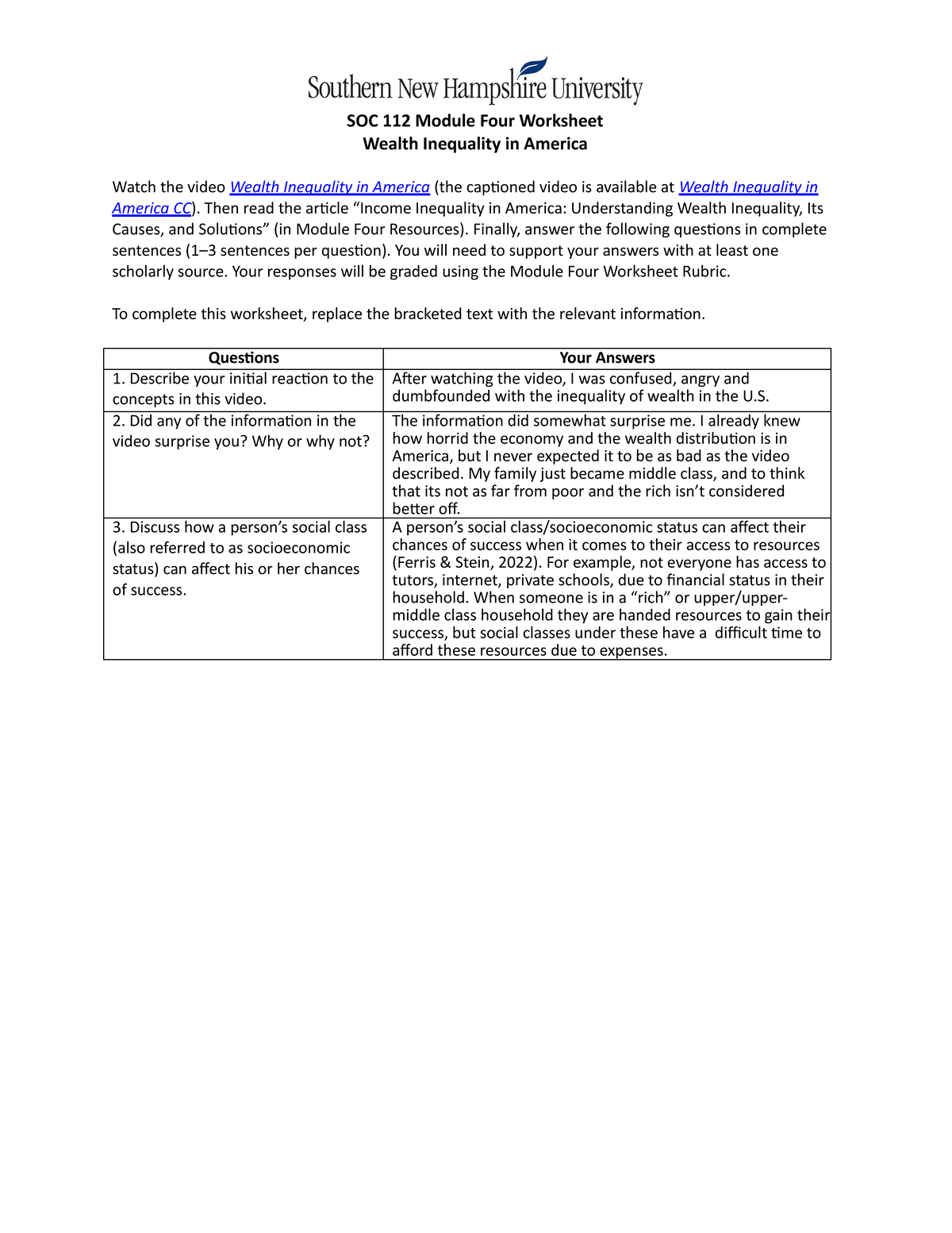 SOC 112 Module Four Worksheet - SOC 112 Module Four Worksheet Wealth ...