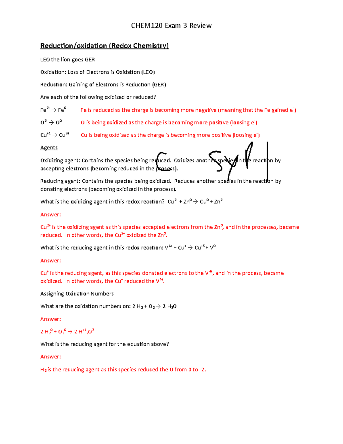 CHEM120 Exam 3 Review Guide - Reduction/oxidation (Redox Chemistry) LEO ...