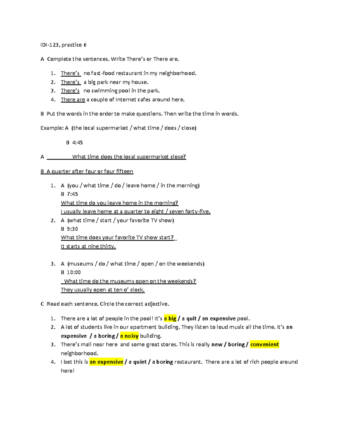 IDI- 123, practice 6 - tarea de inglés. - IDI-123, practice 6 A ...