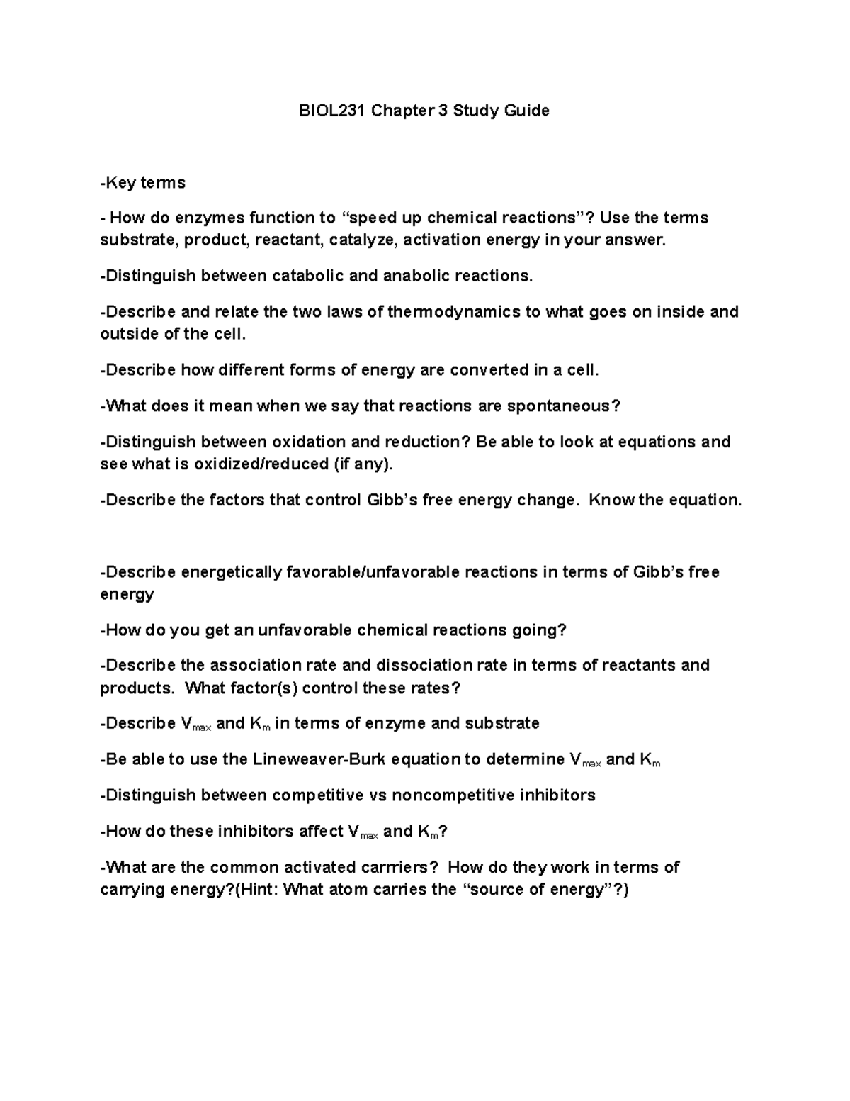BIOL231 Chapter 3 Study Guide - BIOL231 Chapter 3 Study Guide -Key terms How do enzymes function ...