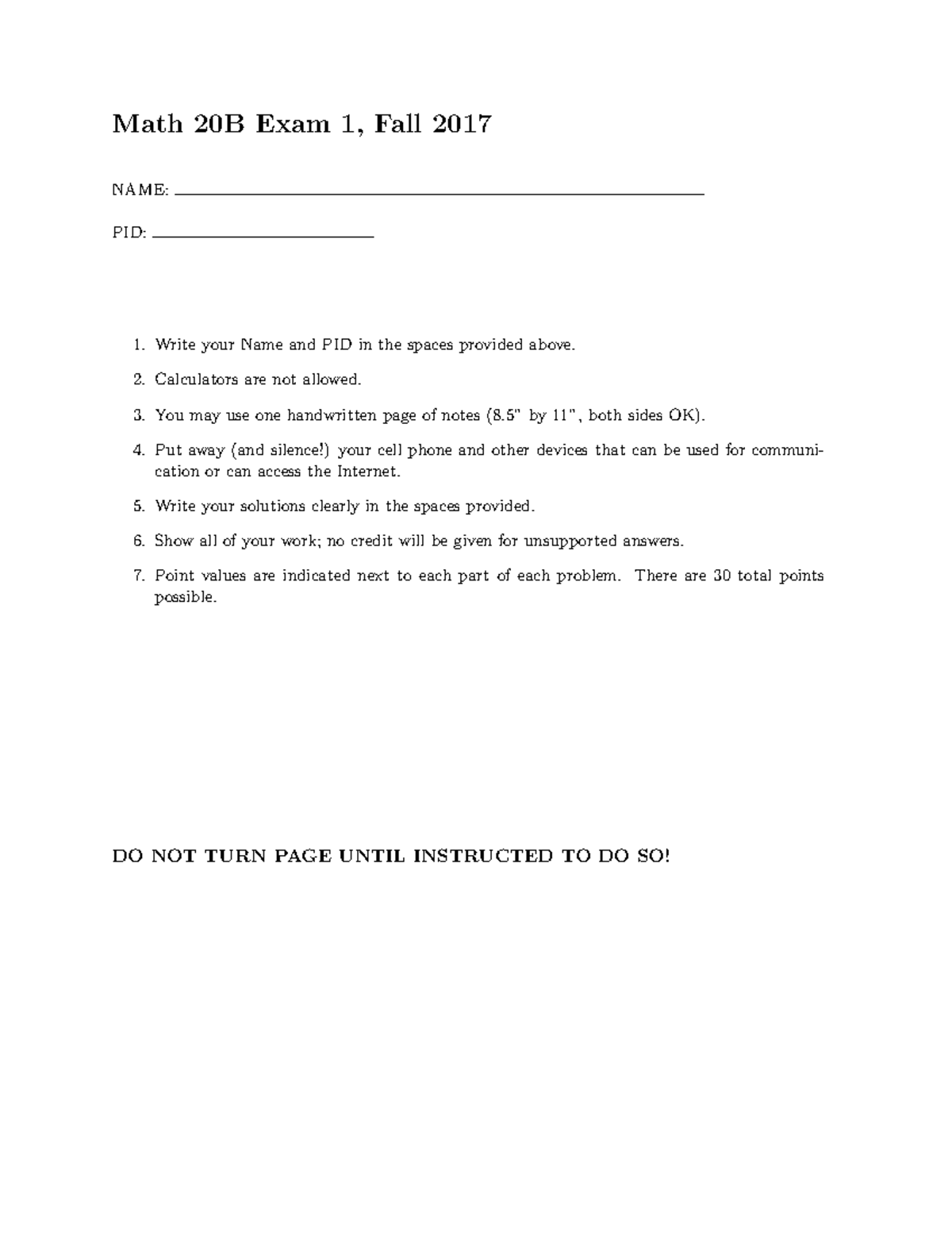 FA 17 Exam 1 - Midterm 1 practice - Math 20B Exam 1, Fall 2017 NAME ...