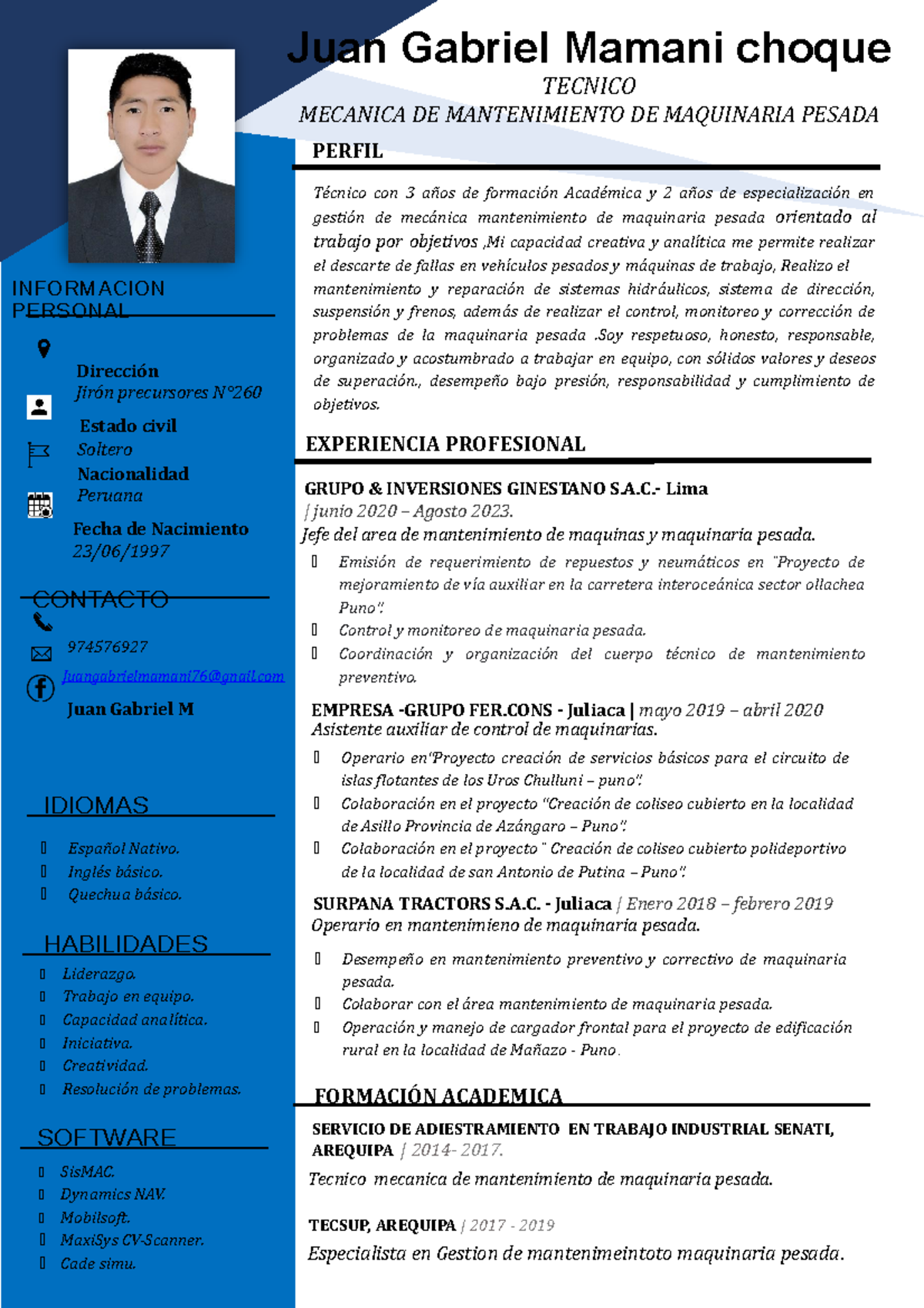 CV Tecnico EN Mantenimiento DE Maquinaria Pesada 2023 - Juan Gabriel Mamani choque TECNICO ...