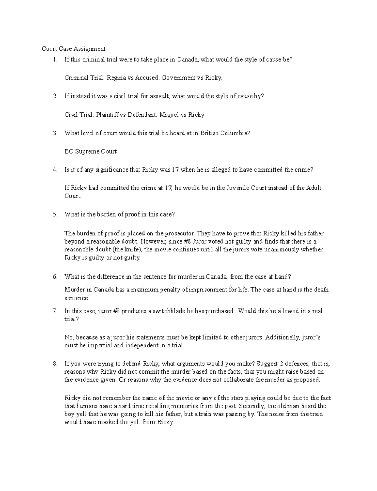 12 Angry Men assignment - Court Case Assignment If this criminal trial ...