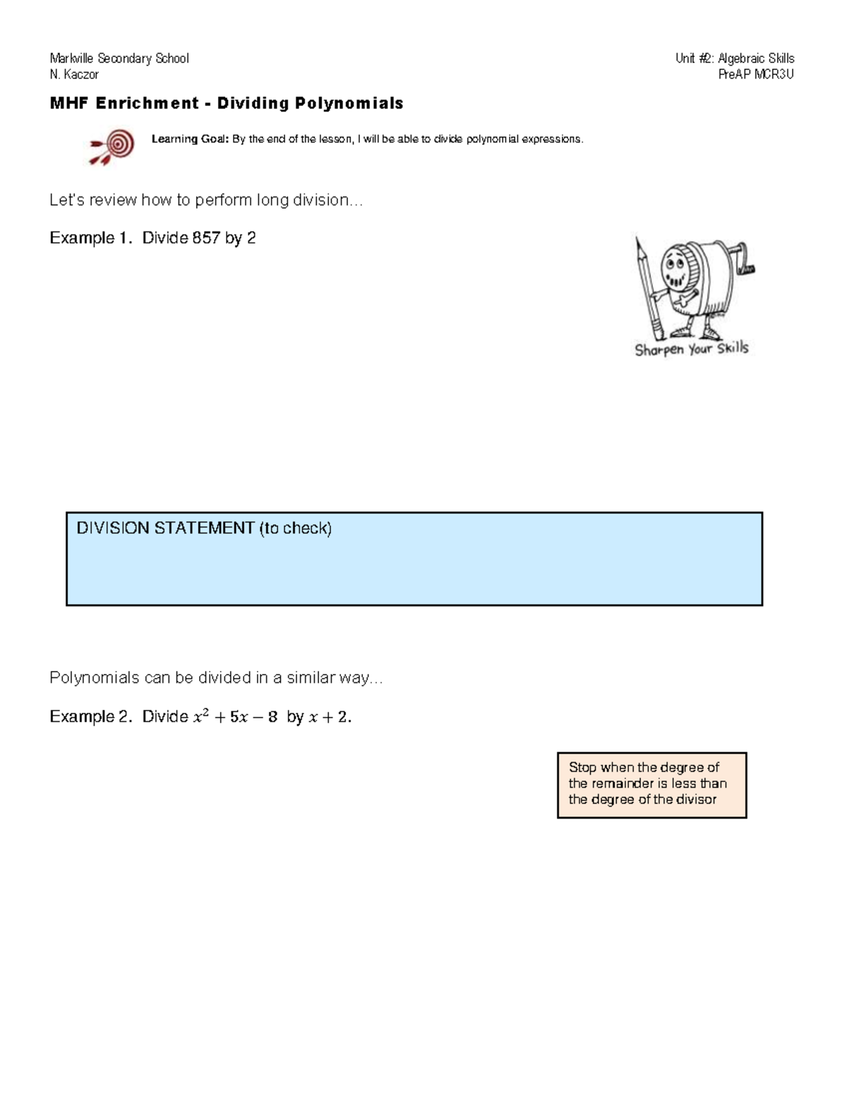 Dividing Polynomials - Test - Markville Secondary School Unit #2 ...