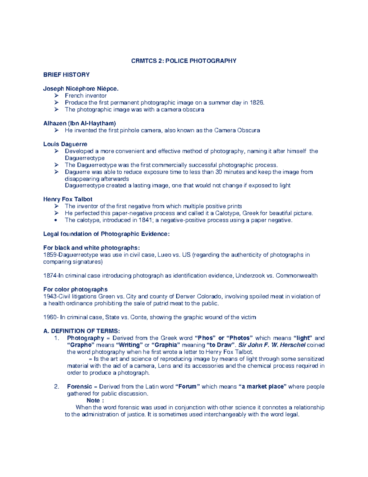Forensic-1 - Forensic-1 - CRMTCS 2: POLICE PHOTOGRAPHY BRIEF HISTORY ...