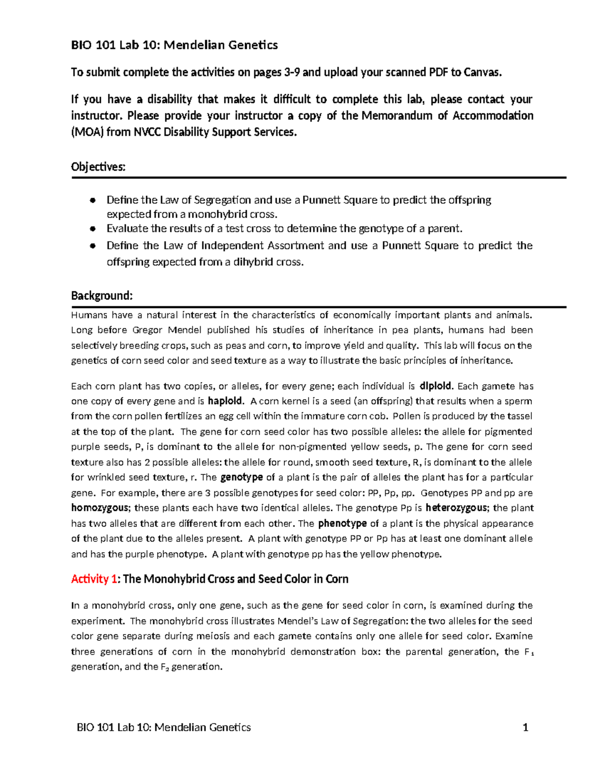 BIO 101 Lab 10, Mendelian Genetics - BIO 101 Lab 10: Mendelian Genetics To submit complete the ...