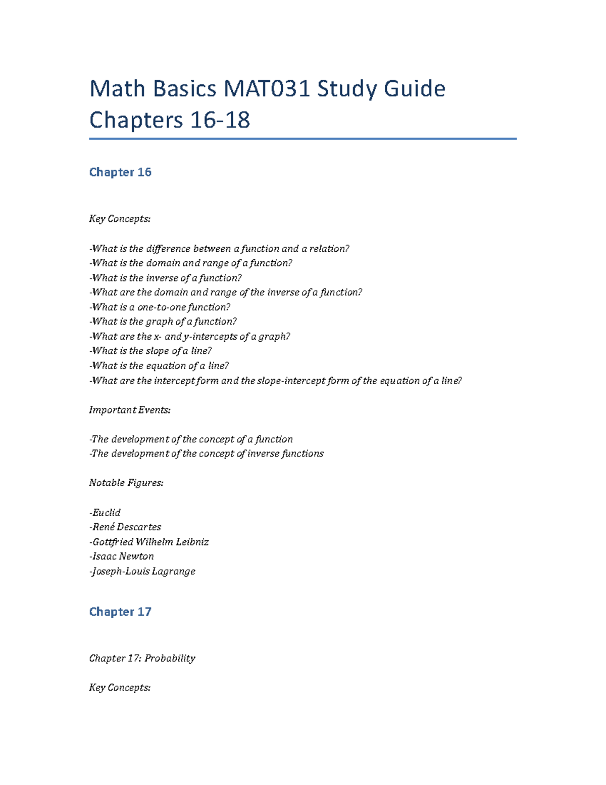 Math Basics MAT031 Study Guide Chapters 16-18 - Math Basics MAT031 ...
