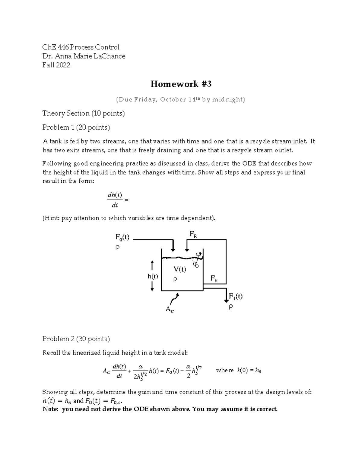 Process Control HW3 - ChE 446 Process Control Dr. Anna Marie LaChance ...