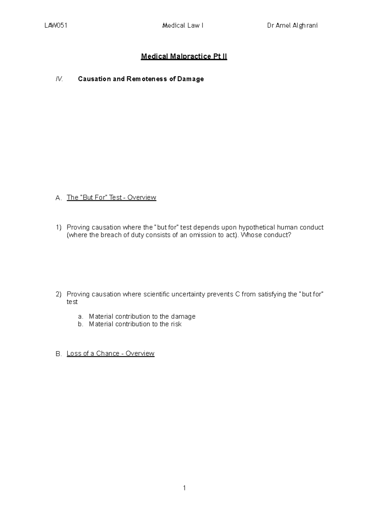 Medical Malpractice Handout Pt II - Medical Malpractice Pt II IV ...