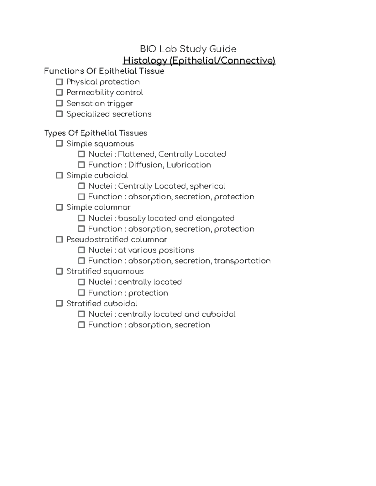 BIO Lab study Guide Final - BIO Lab Study Guide Histology (Epithelial ...