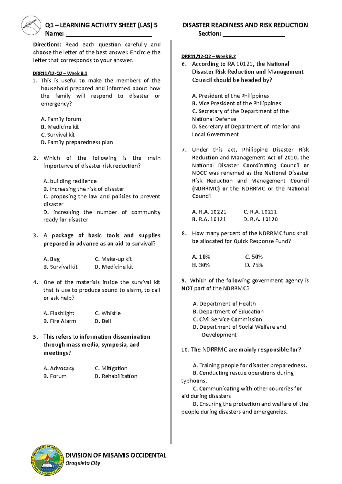 LAS 5 MOD10 Q2 DRRR - DISASTERB READINESS AND RISK REDUCTION SUBJECT ...