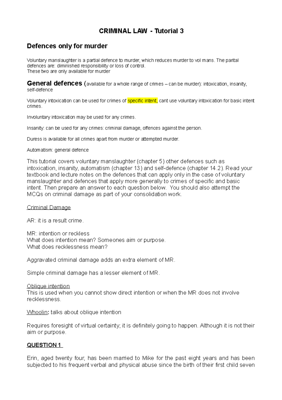 Tutorial 3 - partial defences to murder - CRIMINAL LAW - Tutorial 3 ...