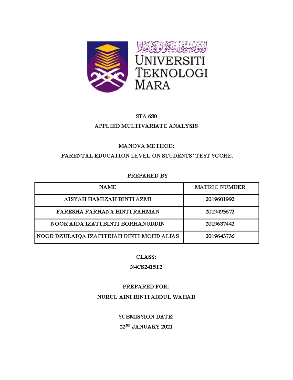 Manova Parentals’ Level OF Education ON Students’ TEST Score - STA 680 ...