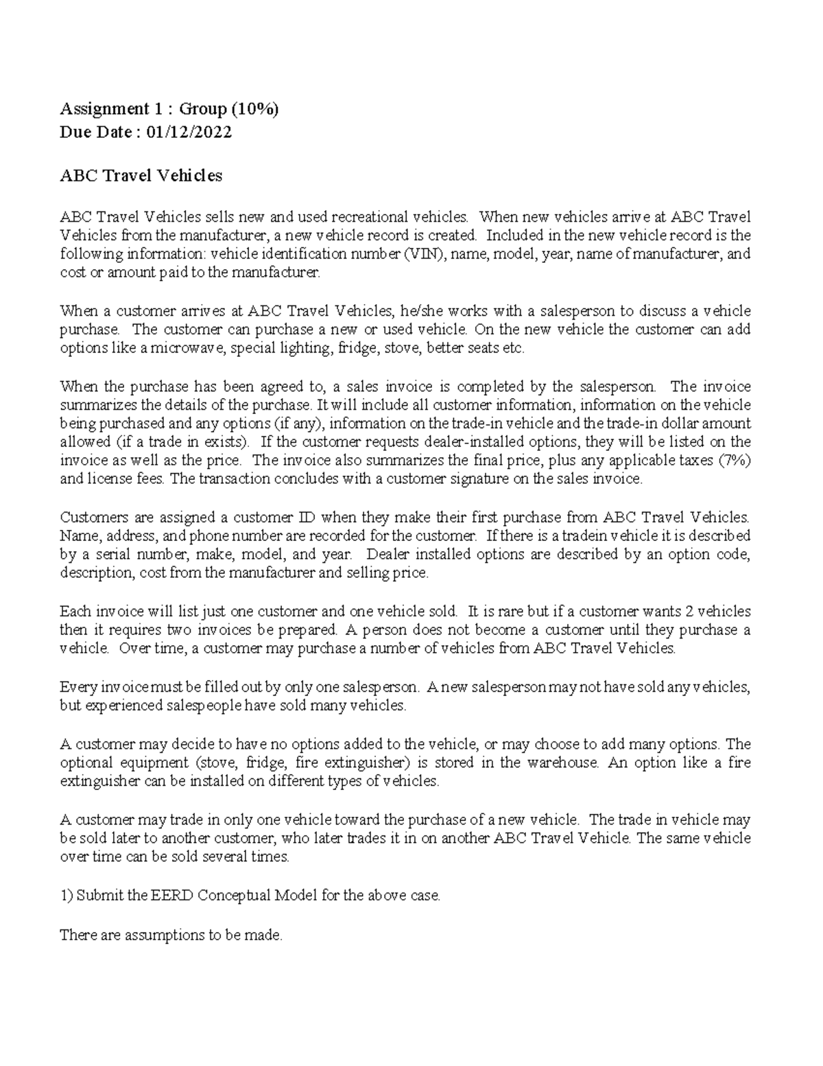 Assignment 1 - When new vehicles arrive at ABC Travel Vehicles from the ...