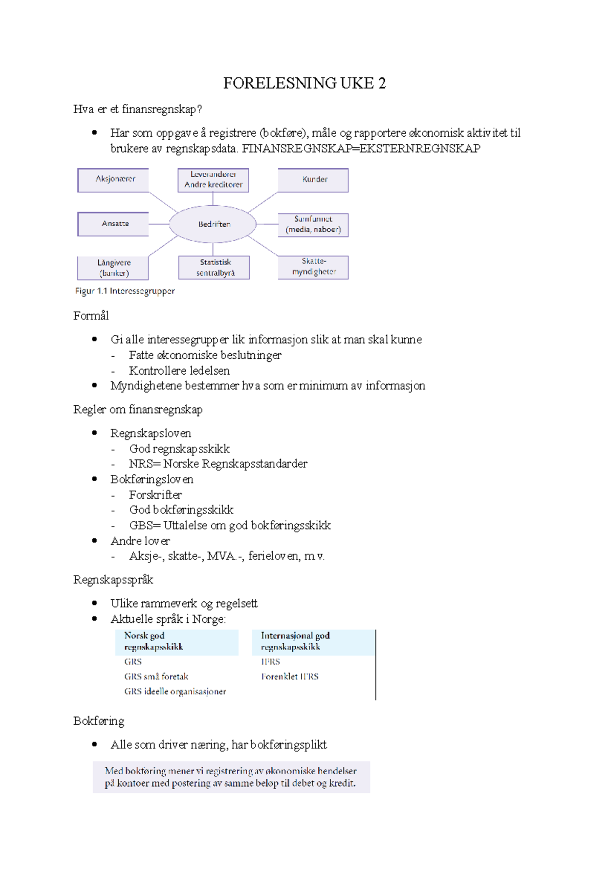 Forelesning UKE 2 - Notater - FORELESNING UKE 2 Hva er et finansregnskap? Har som oppgave å ...