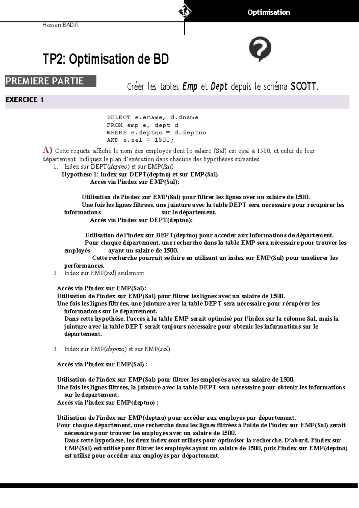 TP2Optim Badir 2024 - optimisation - Hassan BADIR TP2: Optimisation de BD PREMIERE PARTIE Créer ...