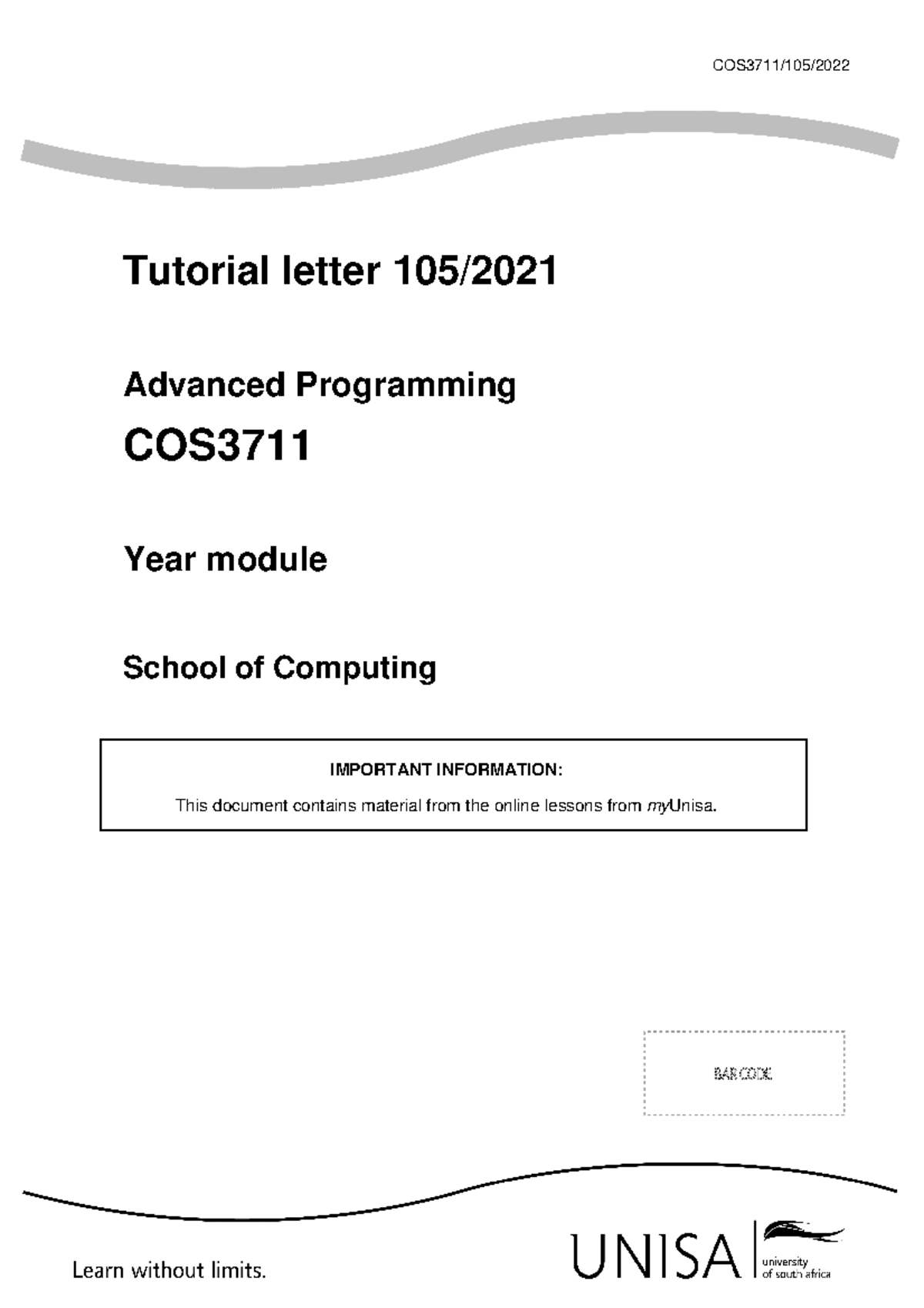 COS3711 2022 TL105 my Unisa - Tutorial letter 105/ Advanced Programming ...