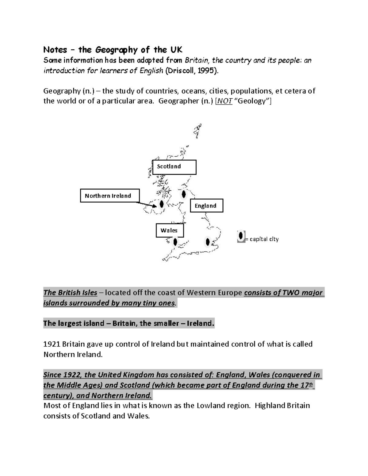 Geography of the UK - Notes – the Geography of the UK Some information ...
