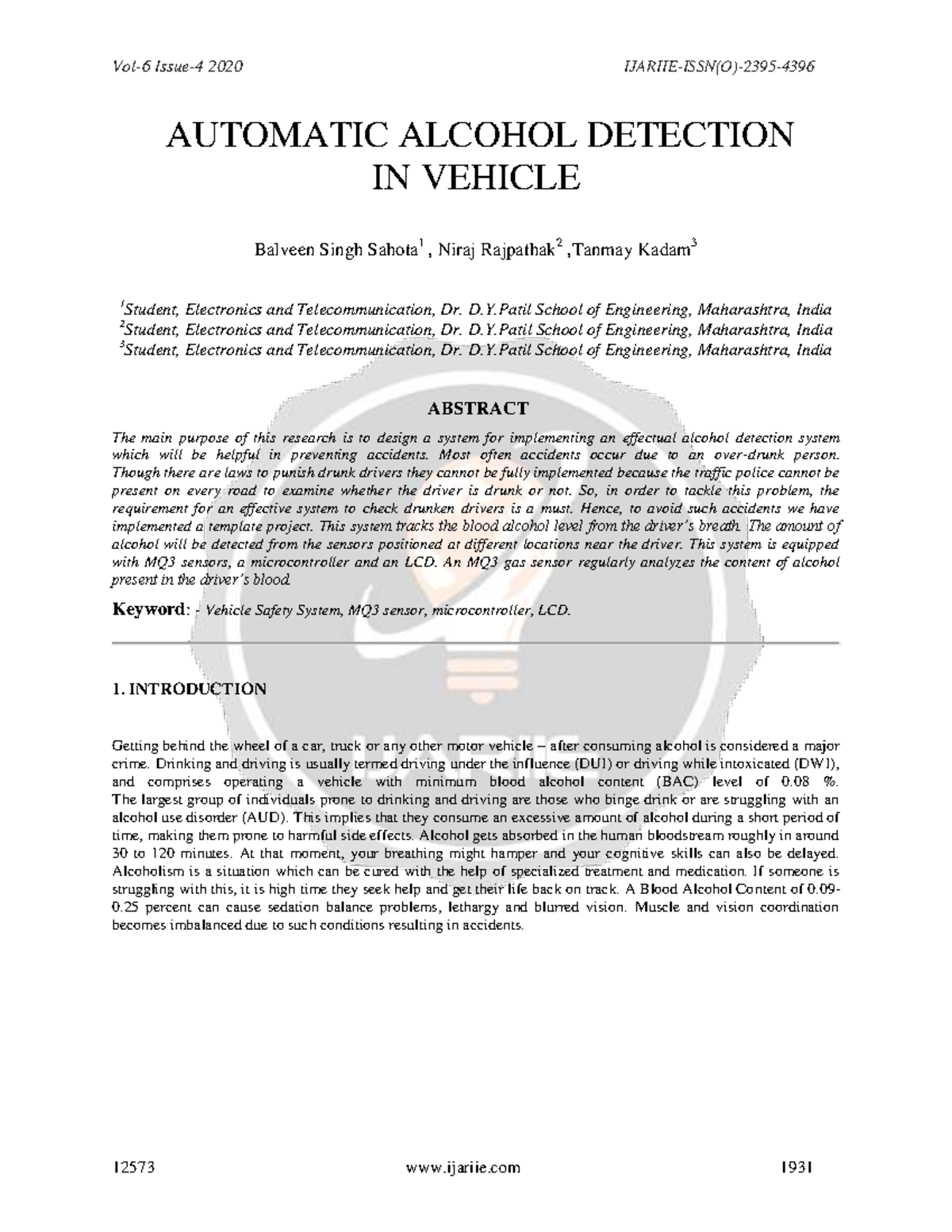 Automatic Alcohol Detection IN Vehicle ijariie 12573 - AUTOMATIC ...